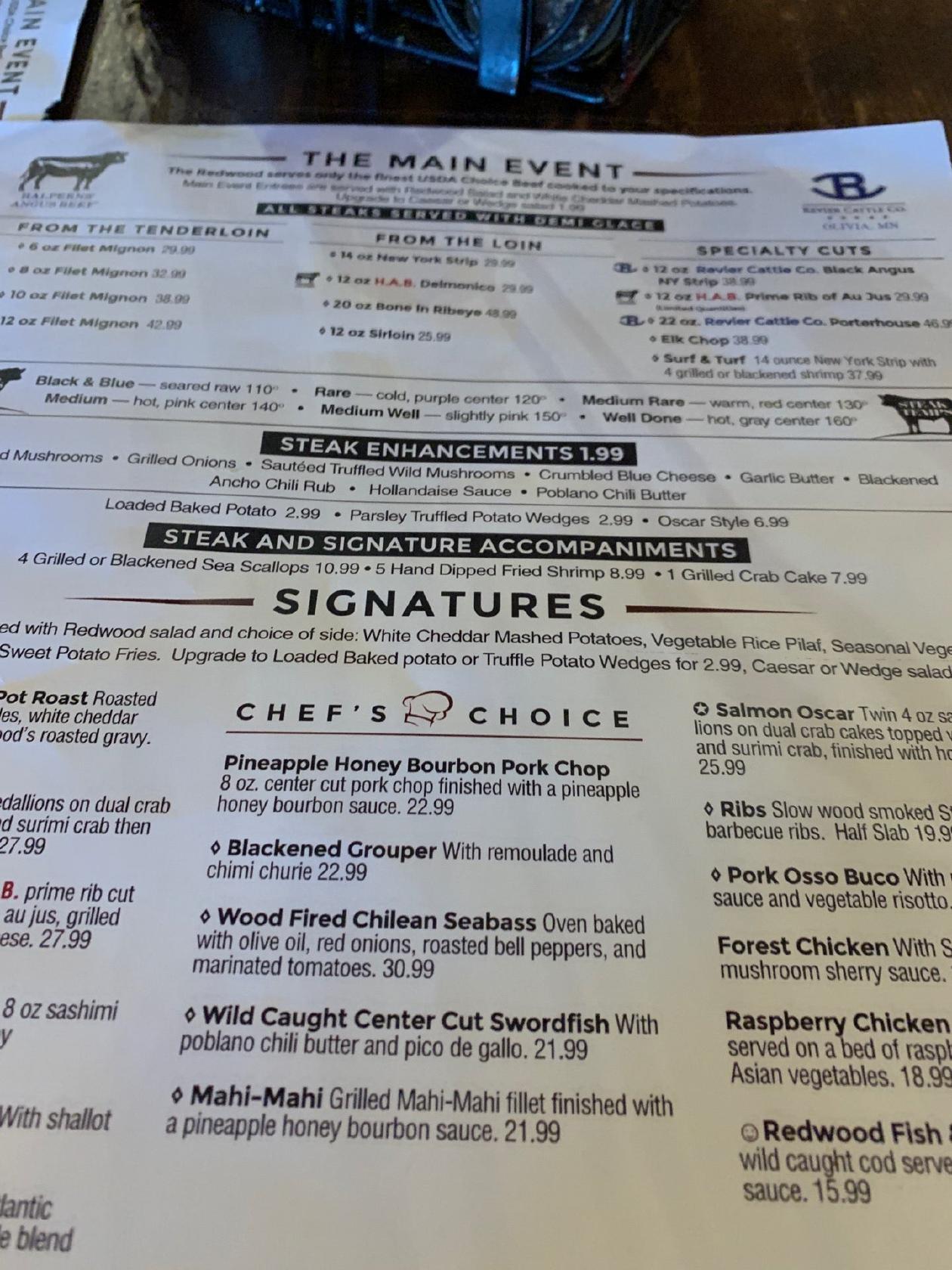 Menu at Redwood Steakhouse and Brewery, Flint