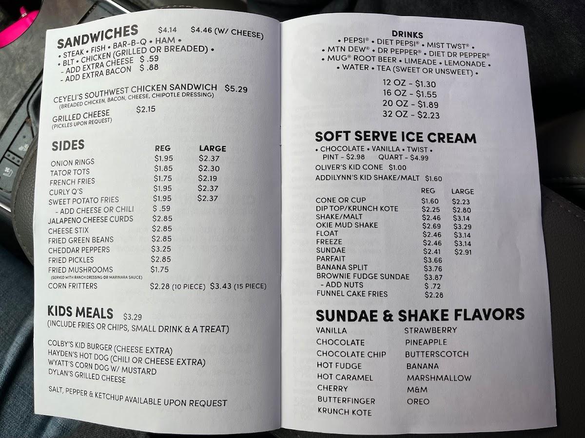 Menu at Southside Drive-In fast food, Tahlequah
