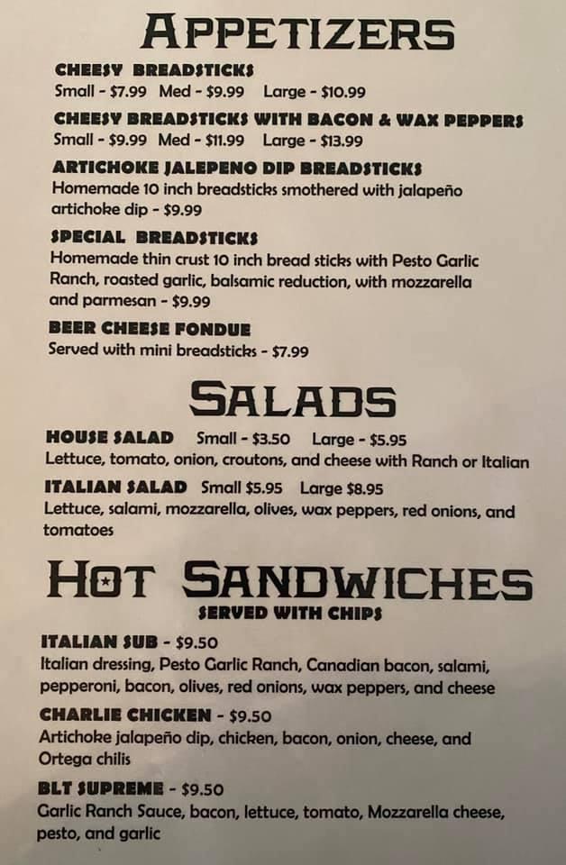 Menu at St Charles Saloon pizzeria, Columbia