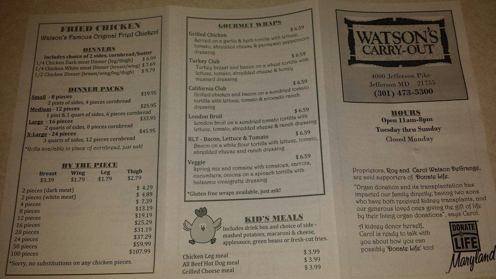 Menu at Watson's Carry-Out pub & bar, Jefferson