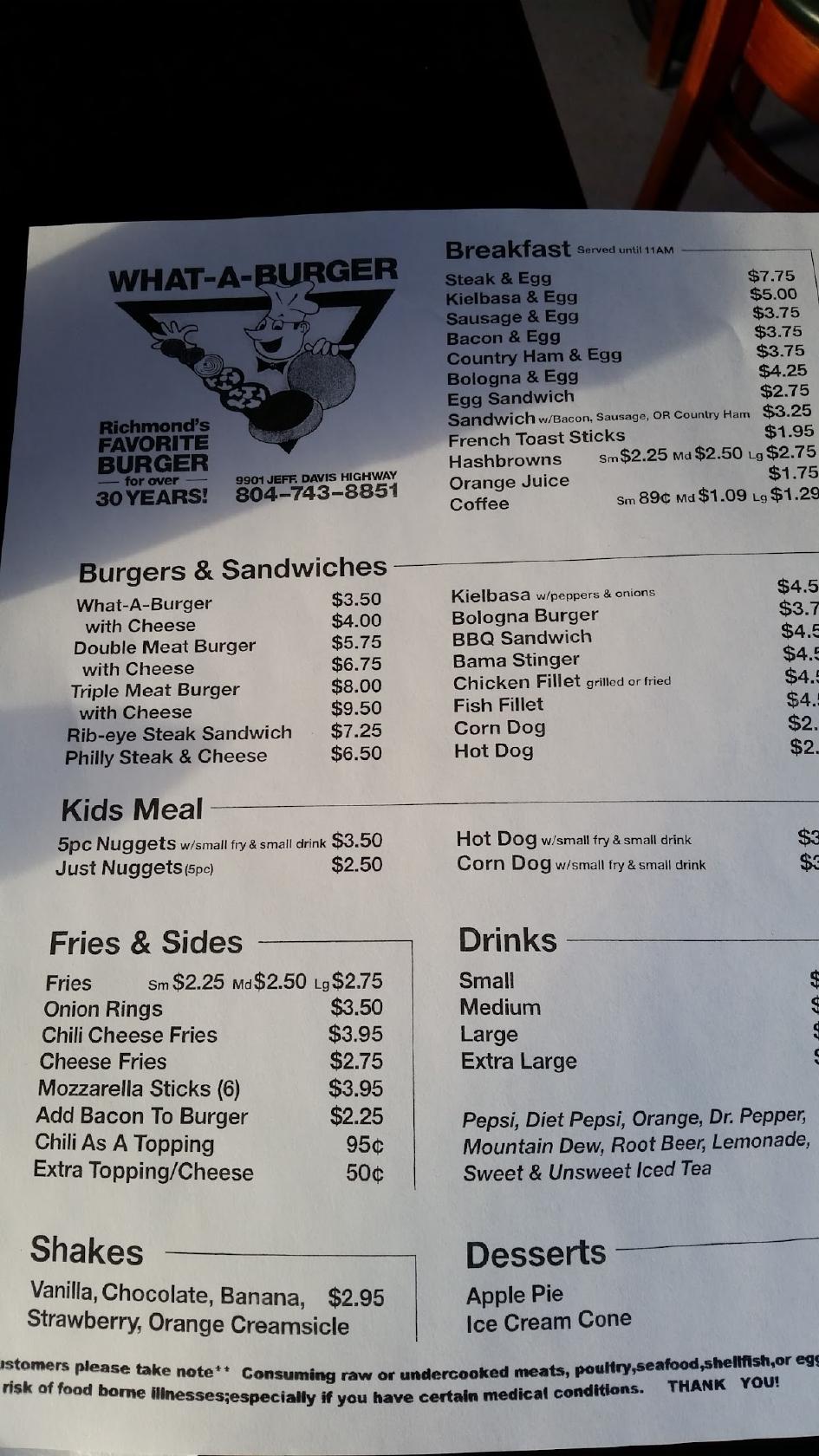 Menu at What-A-Burger restaurant, Richmond, Jefferson Davis Hwy