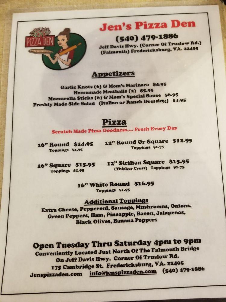 Menu at Jen's Pizza Den pizzeria, Fredericksburg