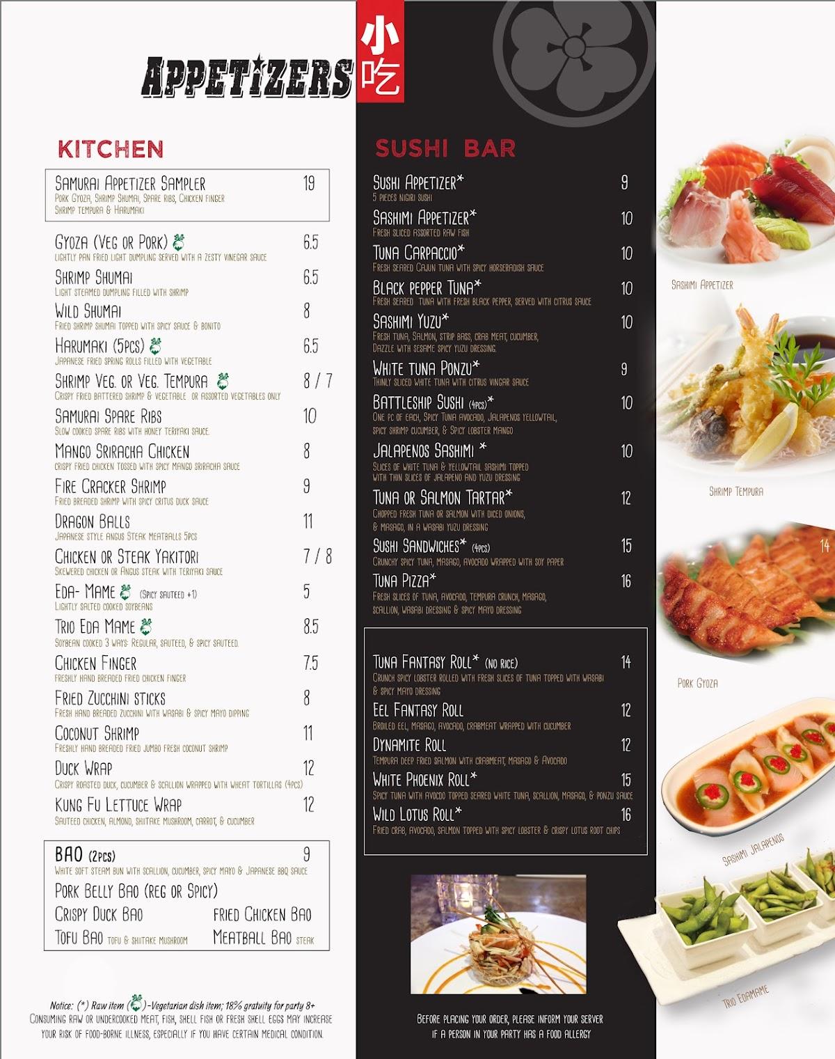 Menu at Samurai Hibachi restaurant, Huntington