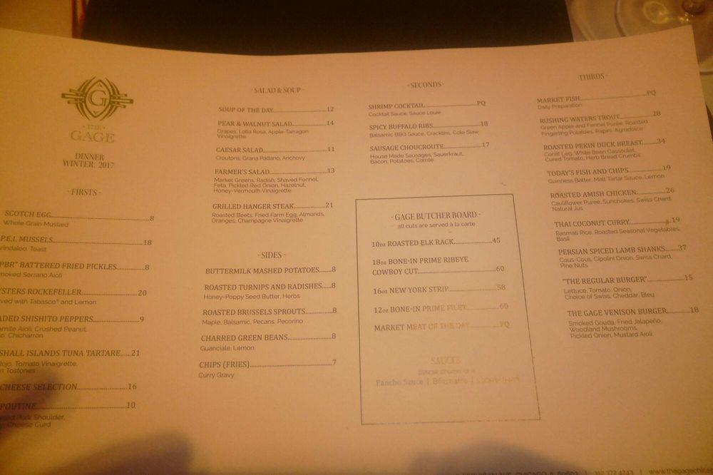 Menu at The Gage pub & bar, Chicago