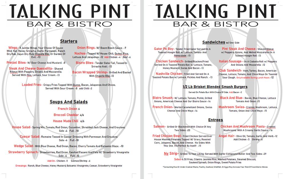 Menu at The Talking Pint Bar & Bistro, Brandon