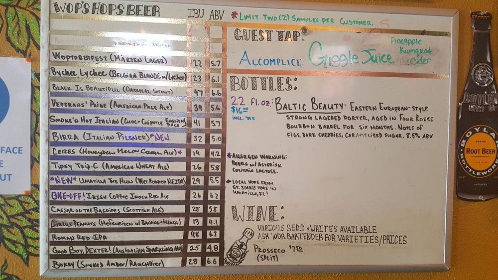 Menu at Wop's Hops Brewing Company pub & bar, Sanford