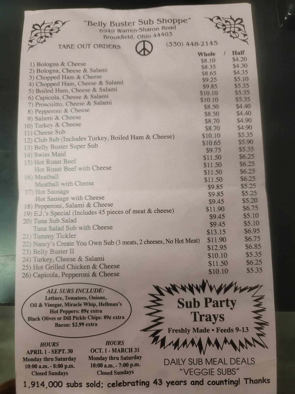 Menu at Belly Buster restaurant, Brookfield Center