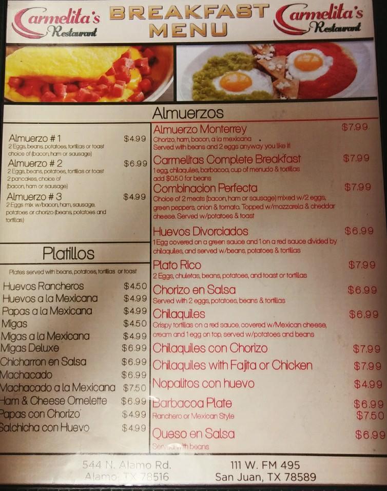 Menu at Carmelita's Restaurant, San Juan