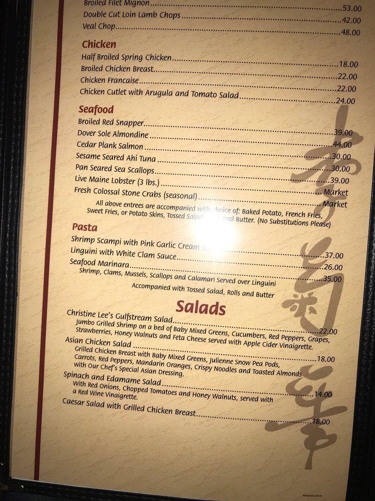 Carta de parrilla Christine Lee's, Hallandale Beach