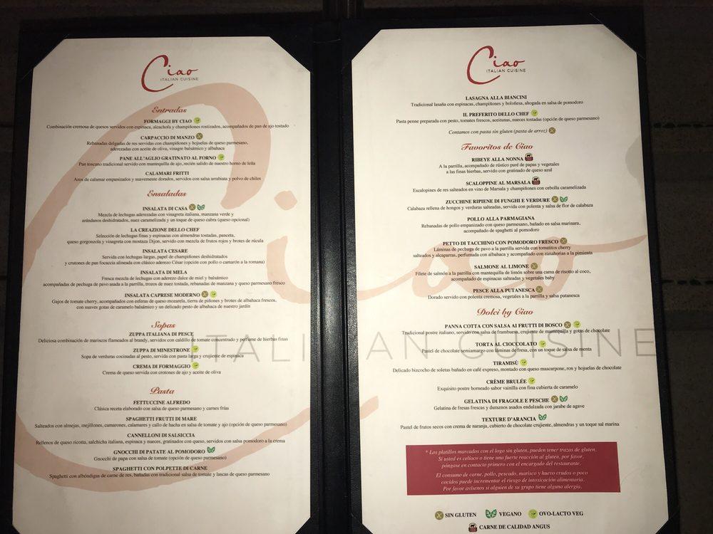Menu at Ciao restaurant, Nuevo Vallarta