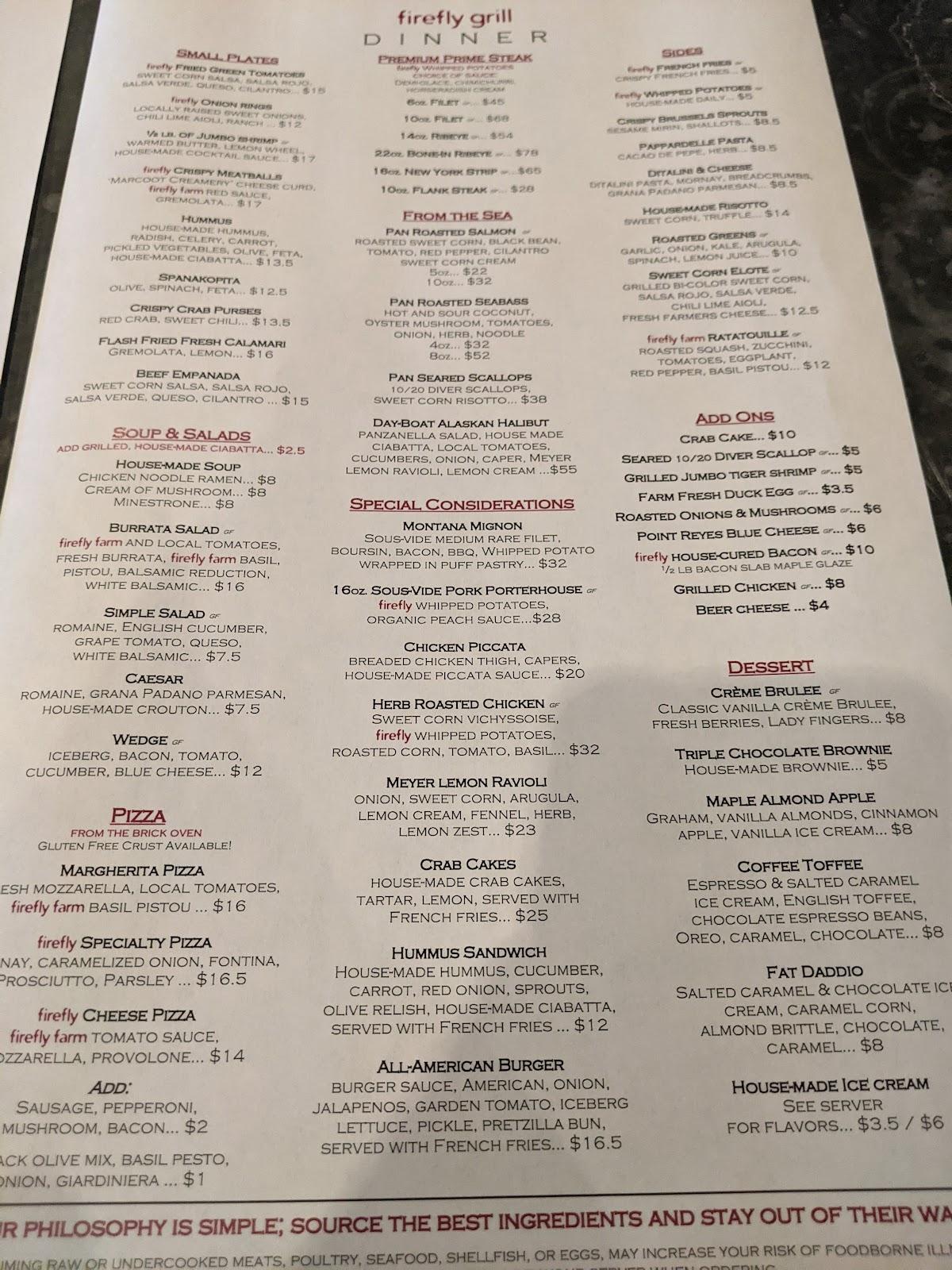 Menu at Firefly Grill steakhouse, Effingham, Avenue of Mid-America