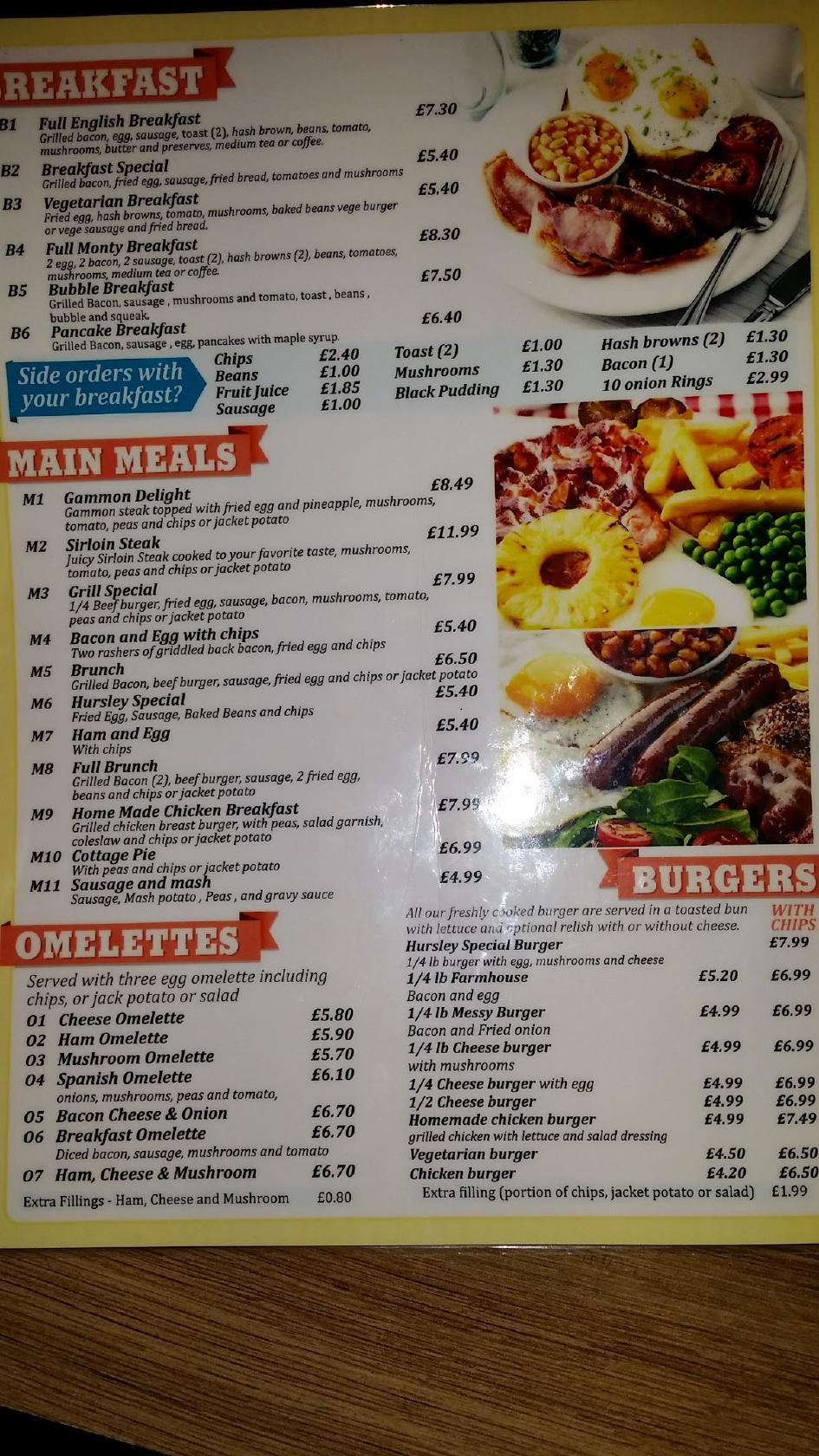 Menu at Hursley Cafe, Chandler's Ford