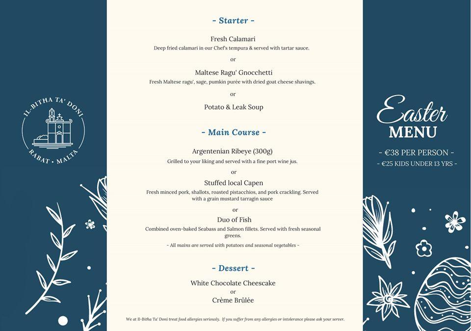 Menu at Il-Bitha restaurant, Rabat