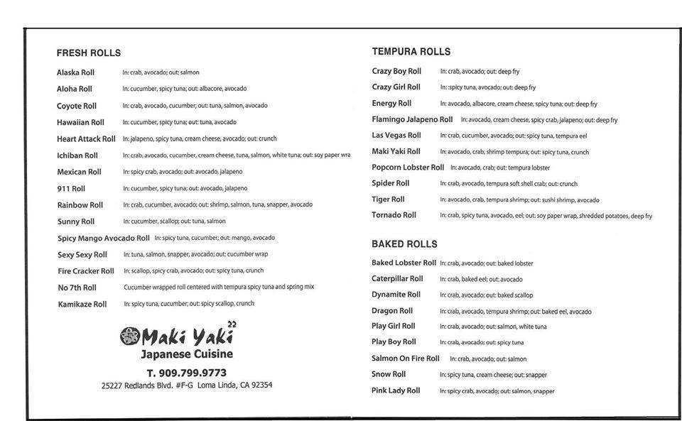 Menu at Maki Yaki 22 restaurant, Loma Linda, Redlands Blvd