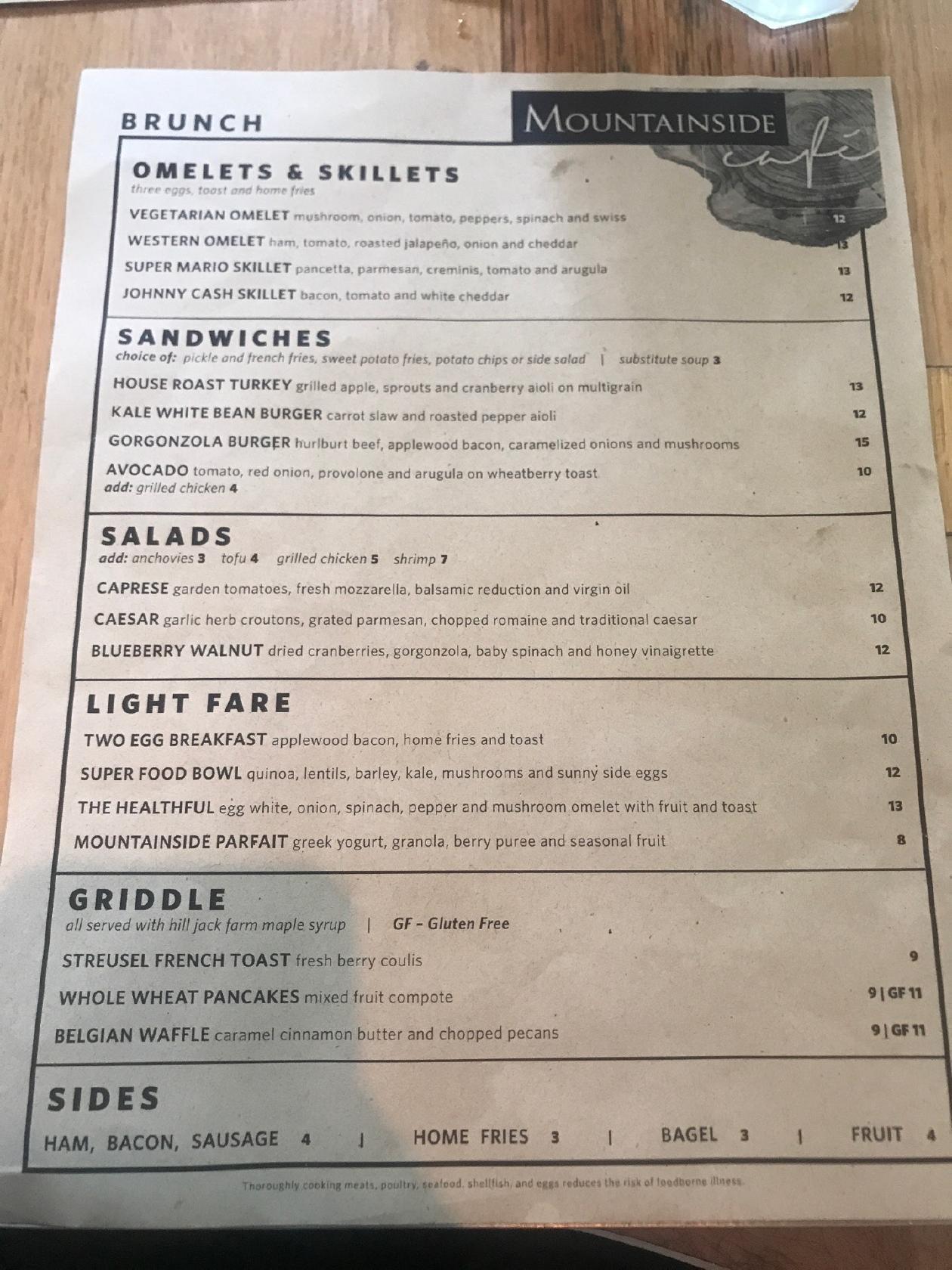 Menu at Mountainside Cafe, Canaan