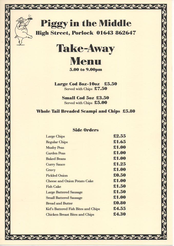 Menu at Piggy In The Middle restaurant, Porlock