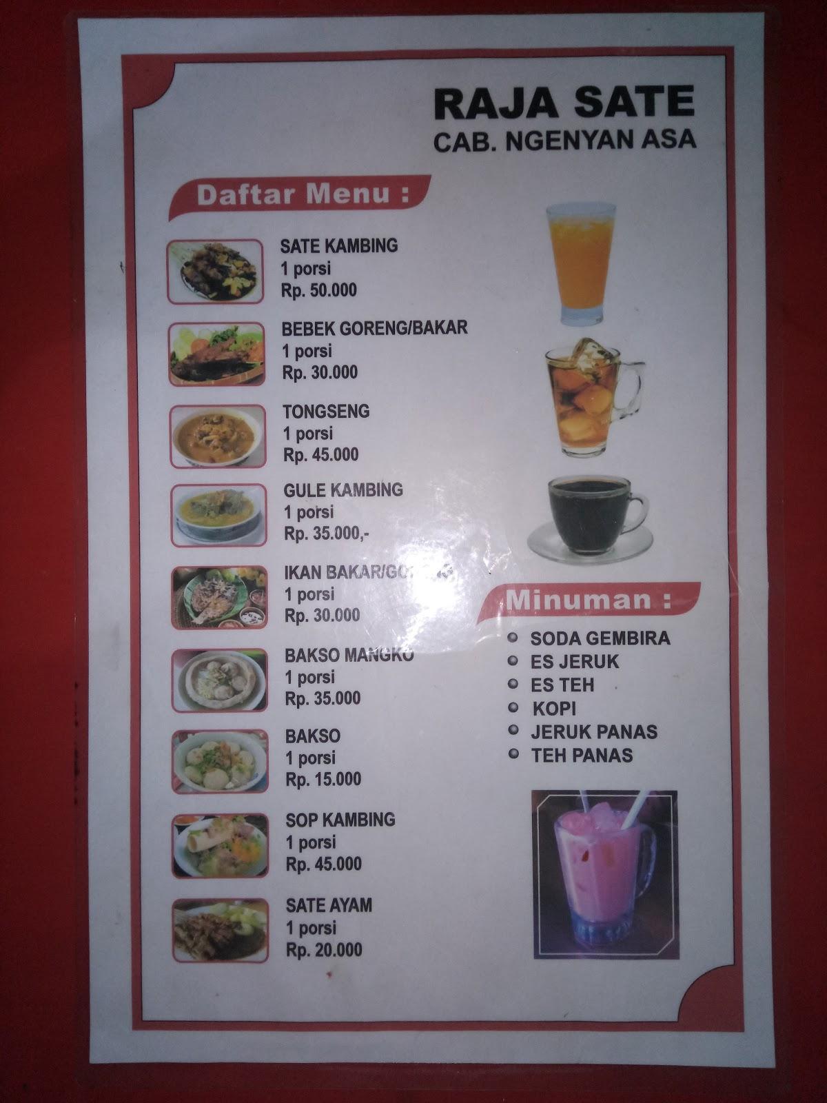 Menu at Raja Sate Barong, Barong Tongkok
