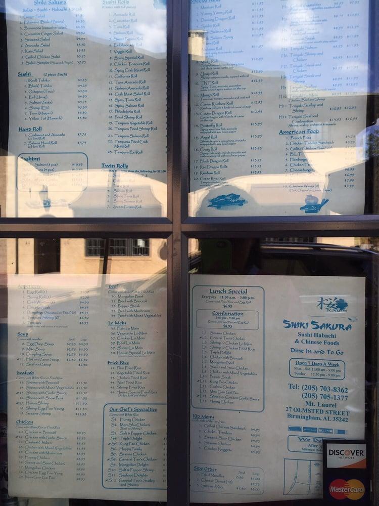 Menu at Shiki Sakura restaurant, Birmingham, 27 Olmsted St