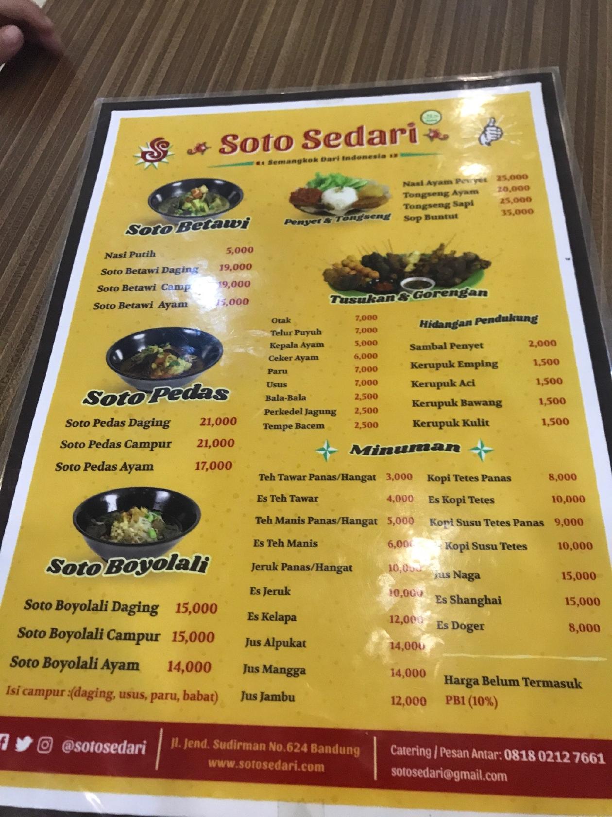 Menu at Soto Sedari restaurant, Bandung, Jl. Jend. Sudirman No.624