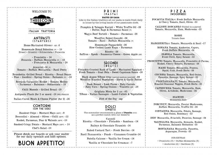 Menu at Threecoins & Sons restaurant, Mount Lawley