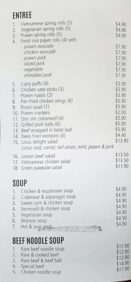 Menu at Vietnamese House Restaurant, Dickson