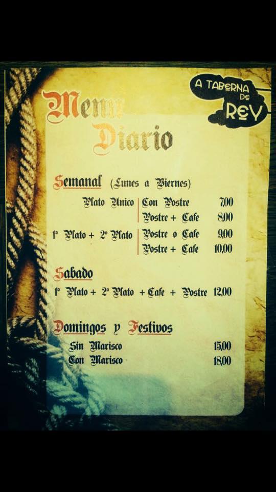 Carta del restaurante A Taberna del Rey, Barro, Lugar del contestar de