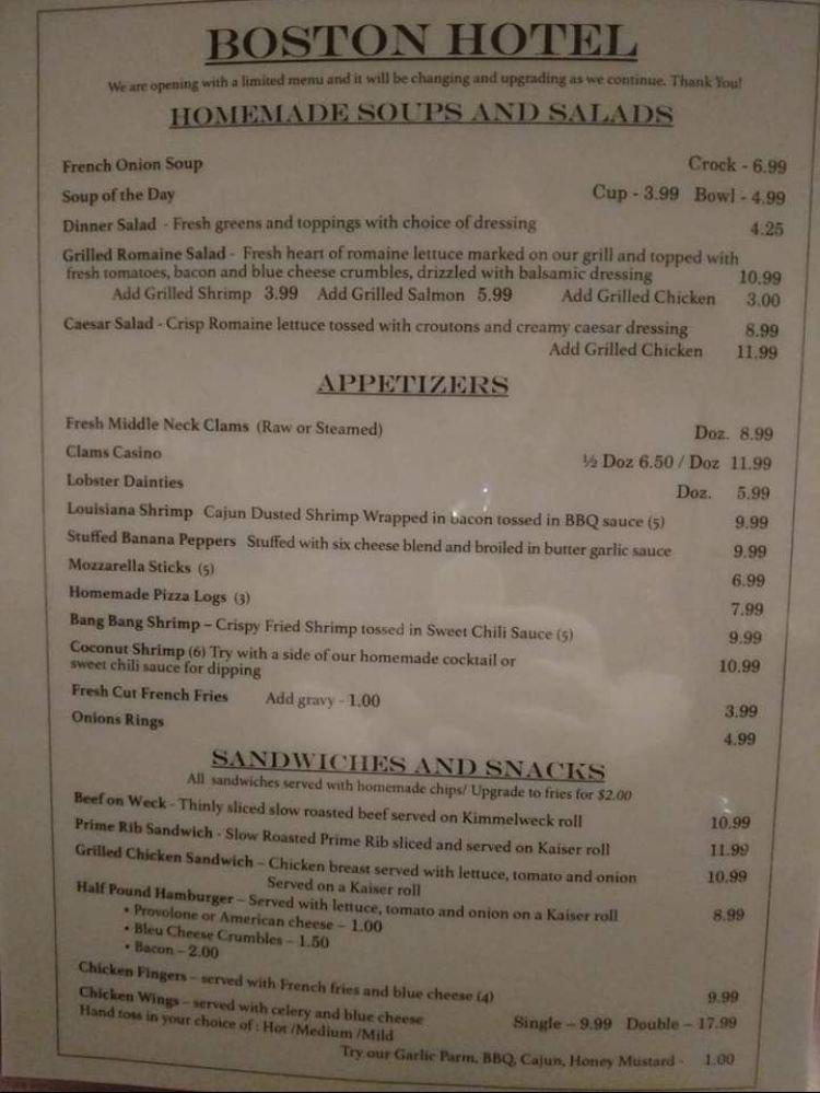 Menu at Boston Hotel pub & bar, Boston, Boston State Rd