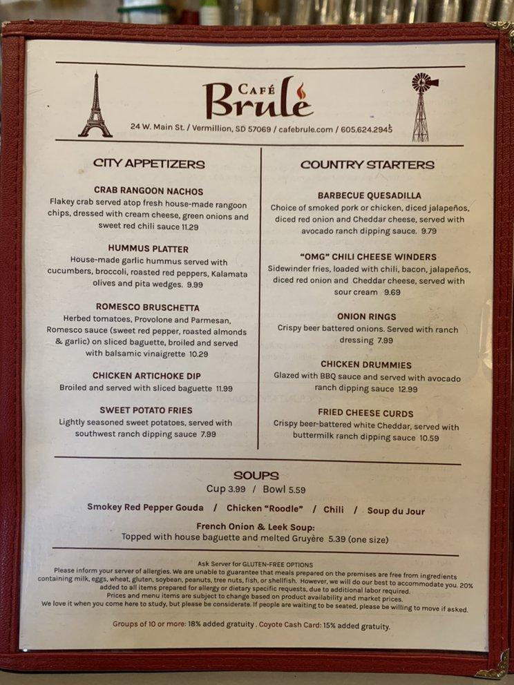 Menu at Café Brulé cafe, Vermillion, 24 W Main St