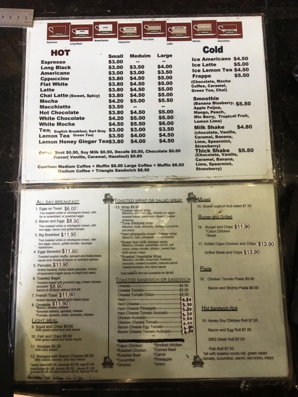 Menu at Global Sandwich cafe, Auckland