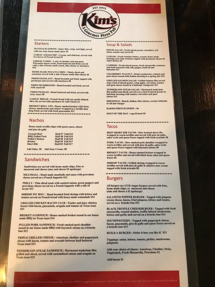 Menu at Kim's Gourmet Pub, Oconomowoc, N67W33395 County Trunk Hwy K