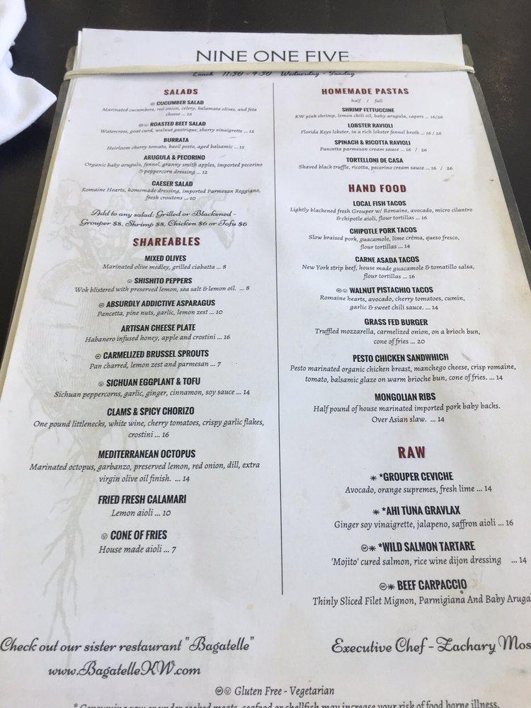 Menu at Nine One Five pub & bar, Key West