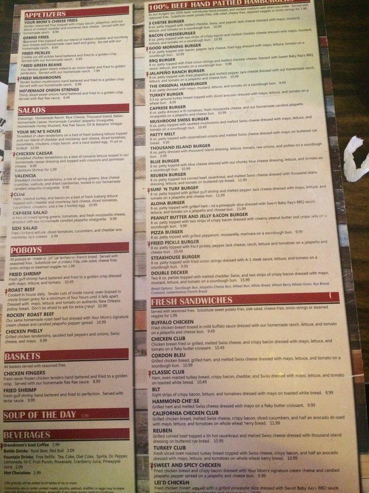 Menu at Our Mom's Restaurant and Bar, Hammond