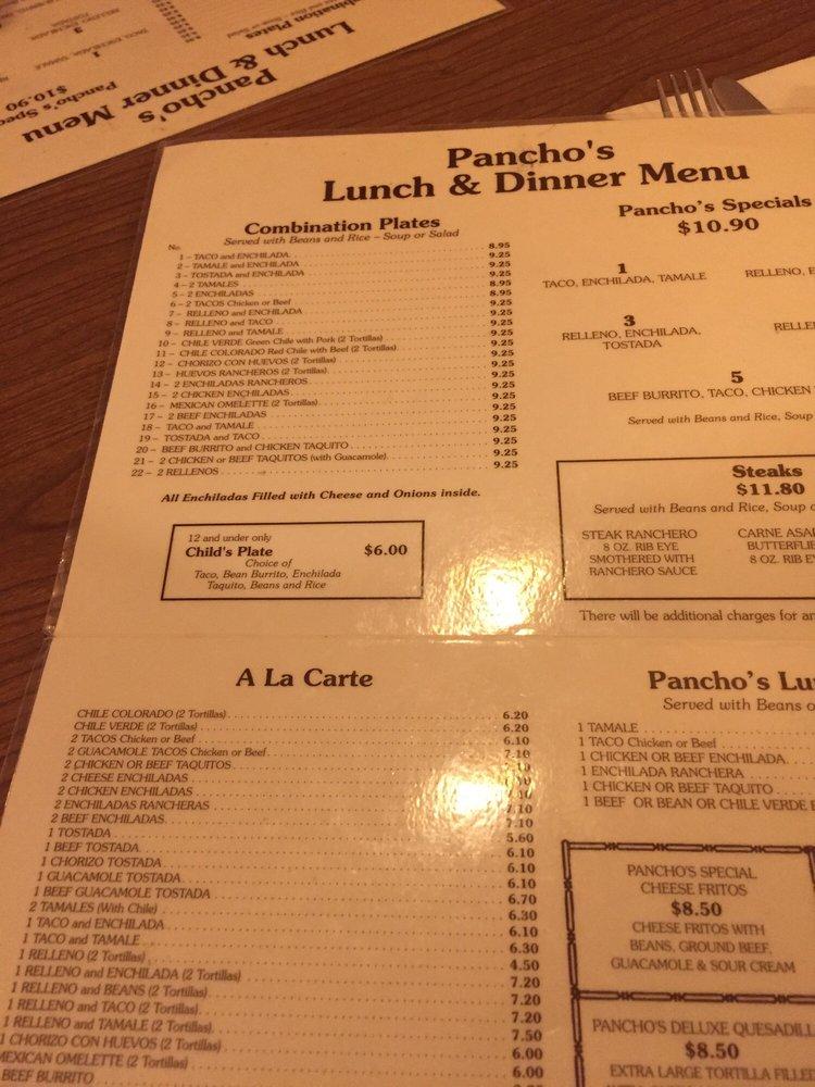 Menu at Pancho's Mexican Restaurant, Long Beach, Pacific Coast Hwy
