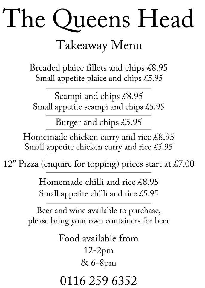 Menu at The Queens Head pub & bar, Billesdon, 20 Church St