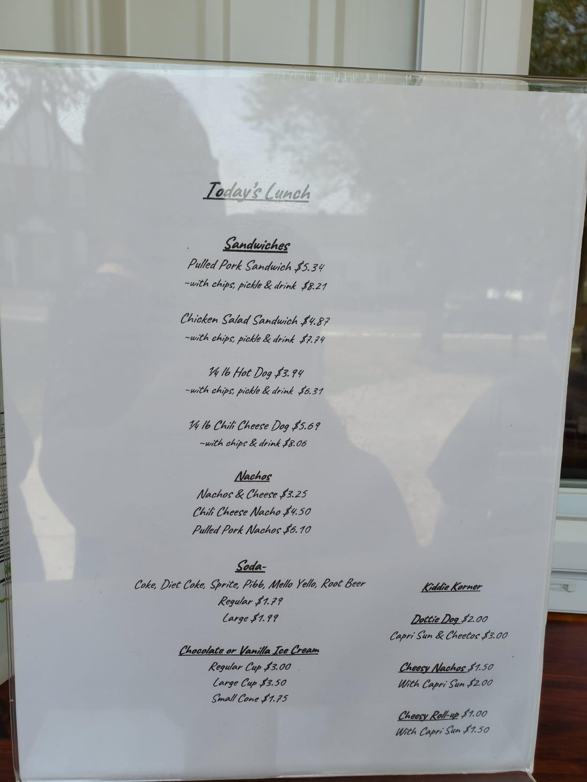 Menu at Yellin' Helen's cafe, Dix