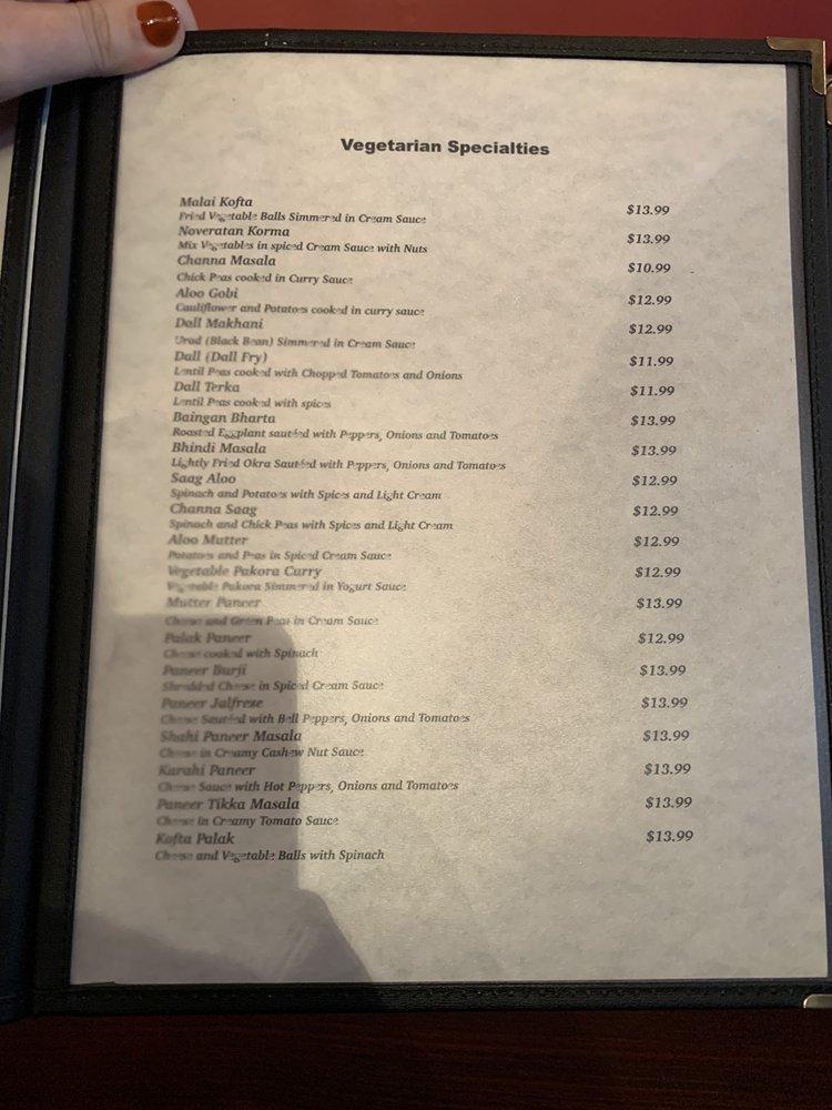 Menu at Zaika Pakistani restaurant, Philadelphia