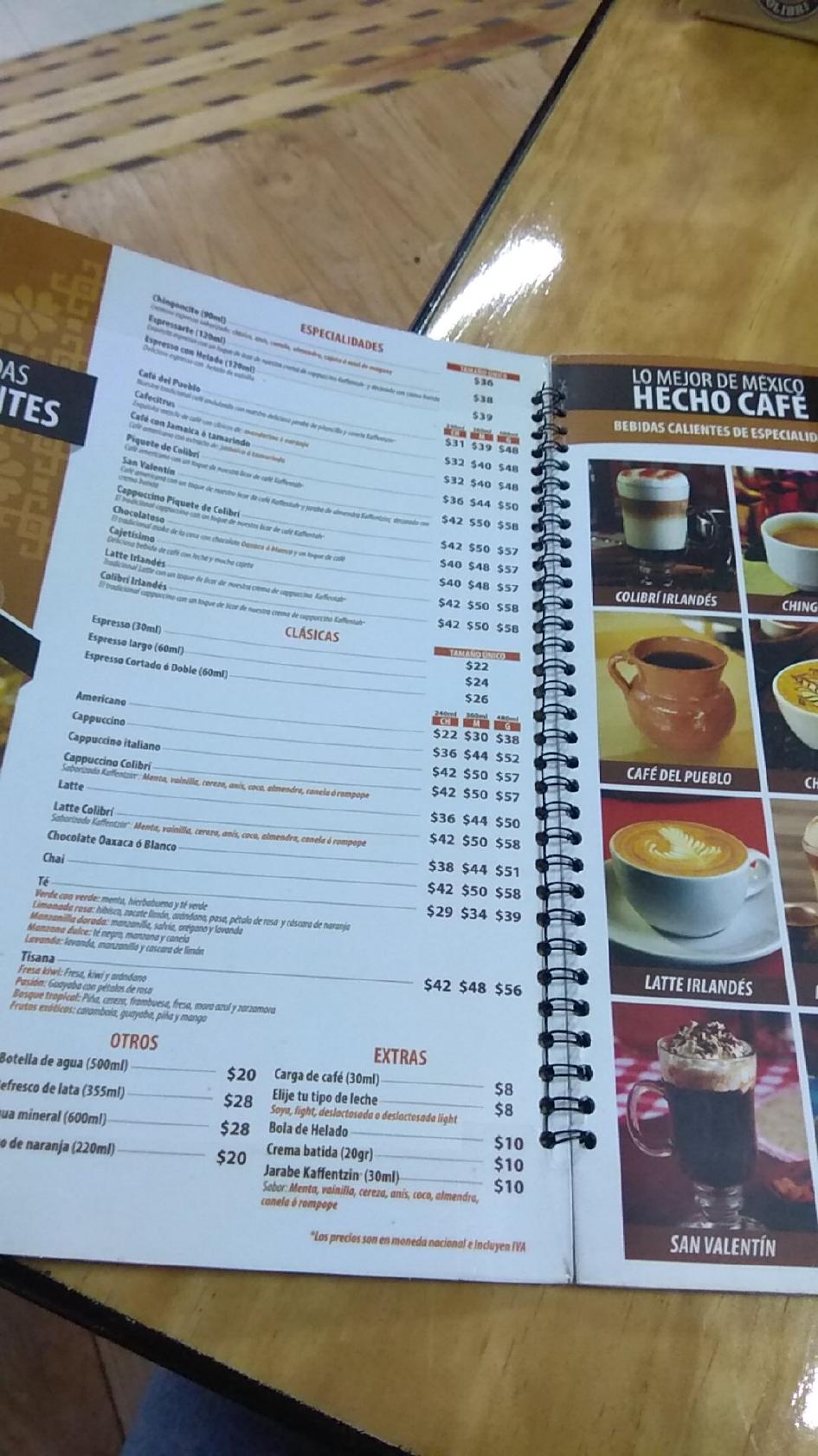 Carta de Café Colibrí, Xalapa Enríquez