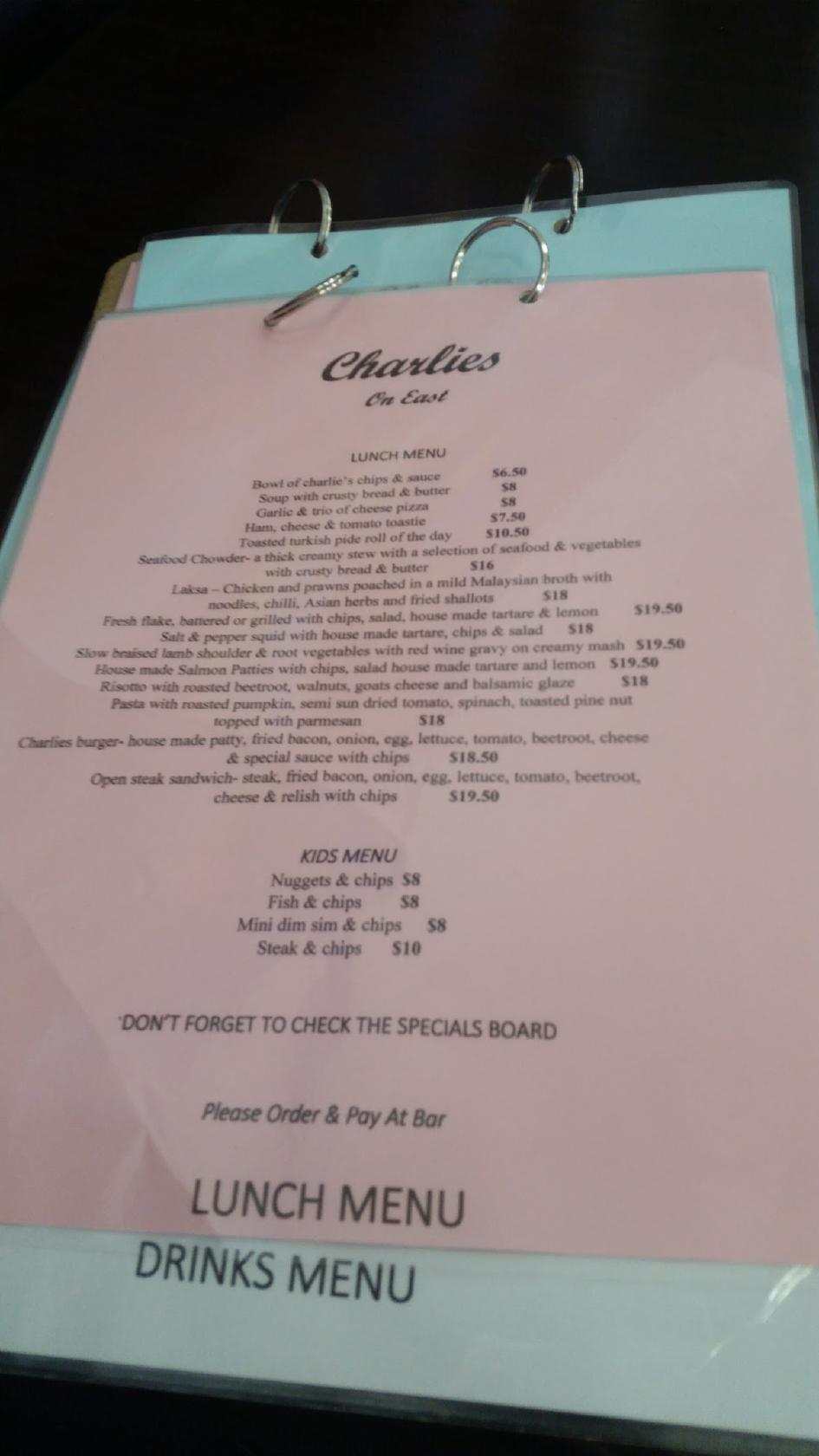 Menu at Charlies On East restaurant, Port Fairy