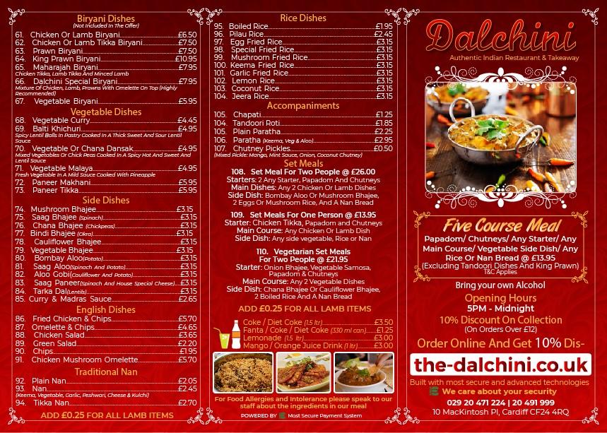 Menu at Dalchini restaurant, Cardiff