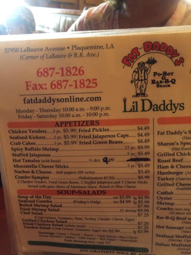 Menu at Fat Daddy's restaurant, Plaquemine