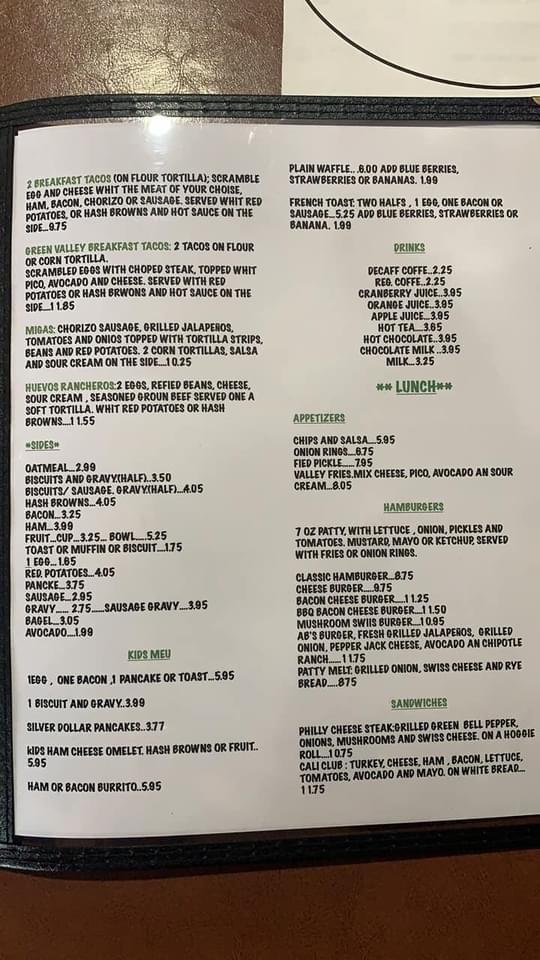 Menu at Green Valley Cafe, Sanger