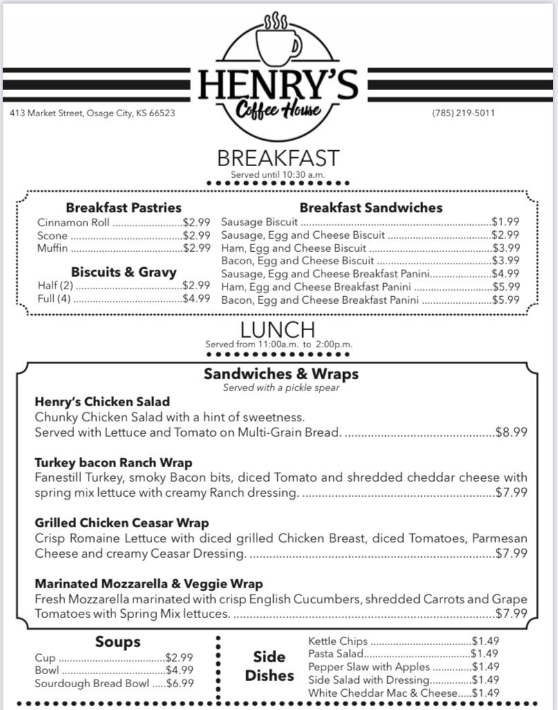 Carta de Henry's Coffee House, Osage City