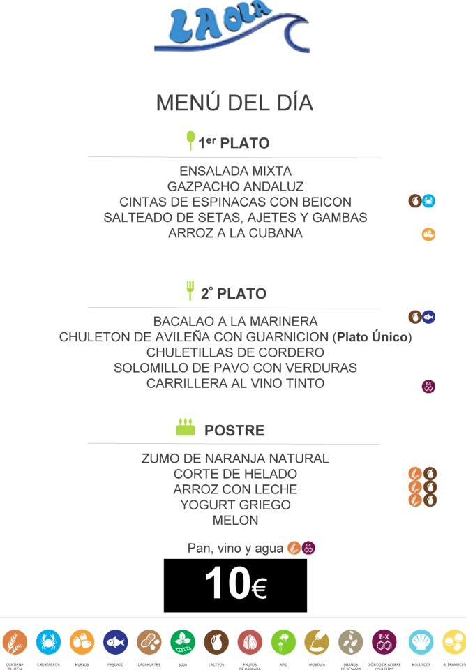 Menu at La Ola pub & bar, Valladolid