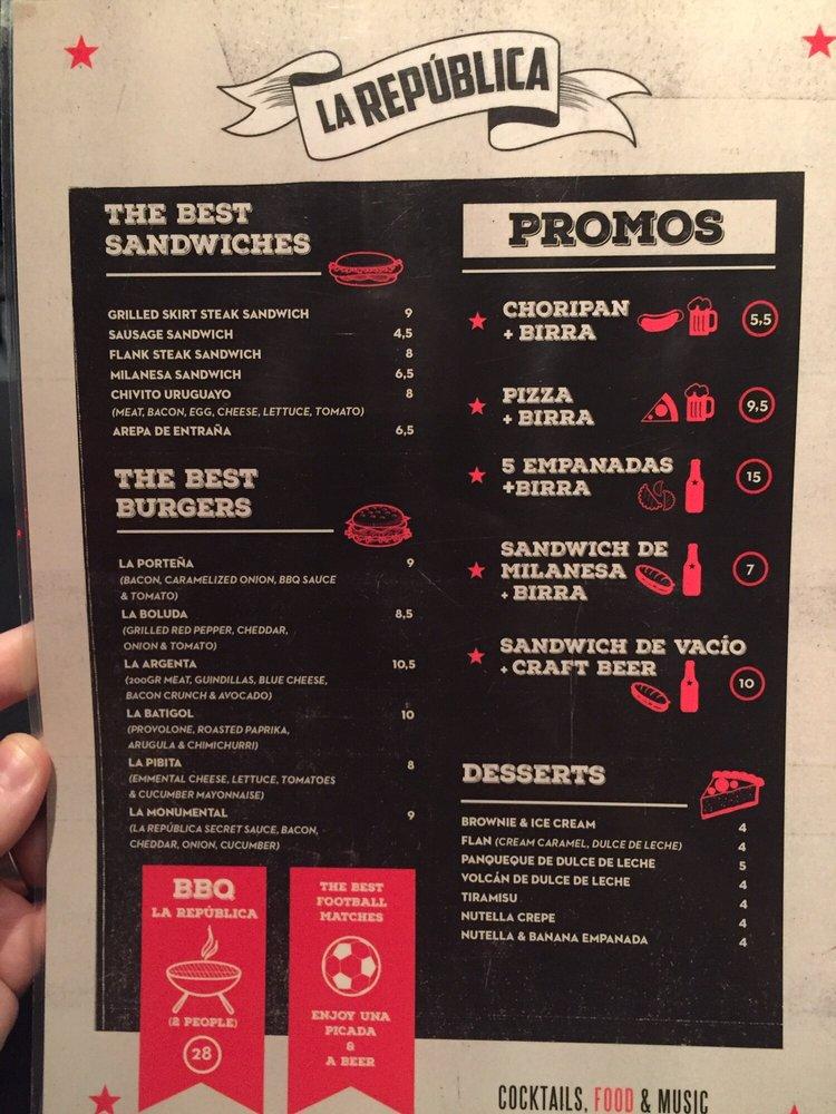 Carta del restaurante La República, Barcelona