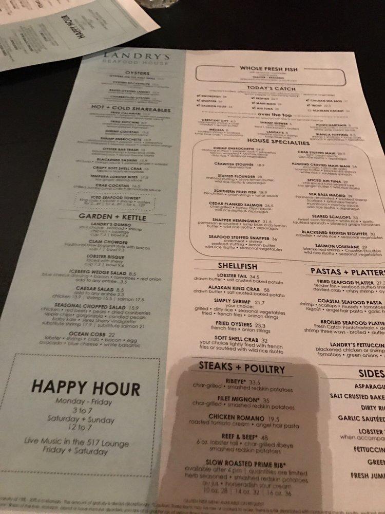 Menu at Landry's Seafood House steakhouse, San Antonio