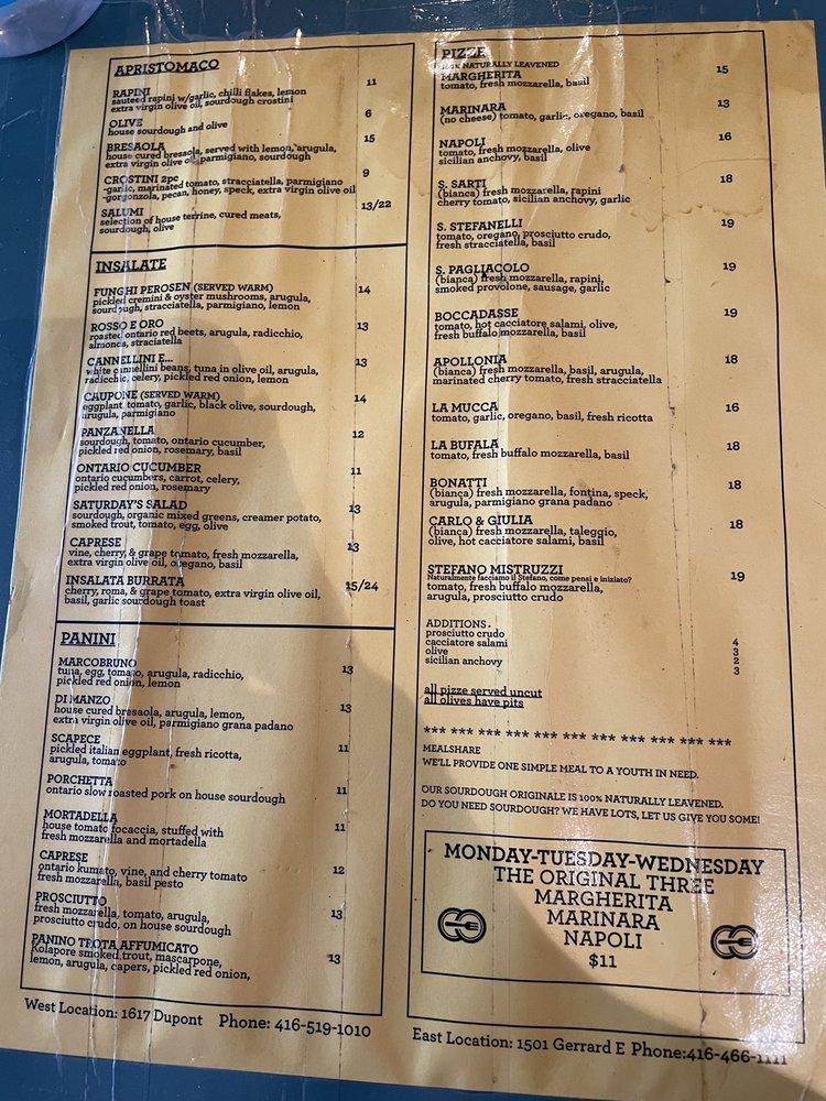 Menu at Mattachioni pizzeria, Toronto, Dupont St
