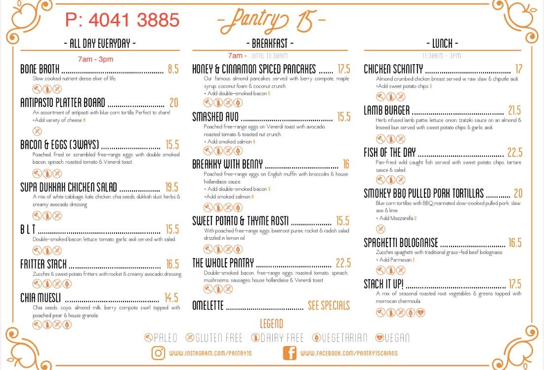 Menu at Pantry 15 cafe, Cairns City