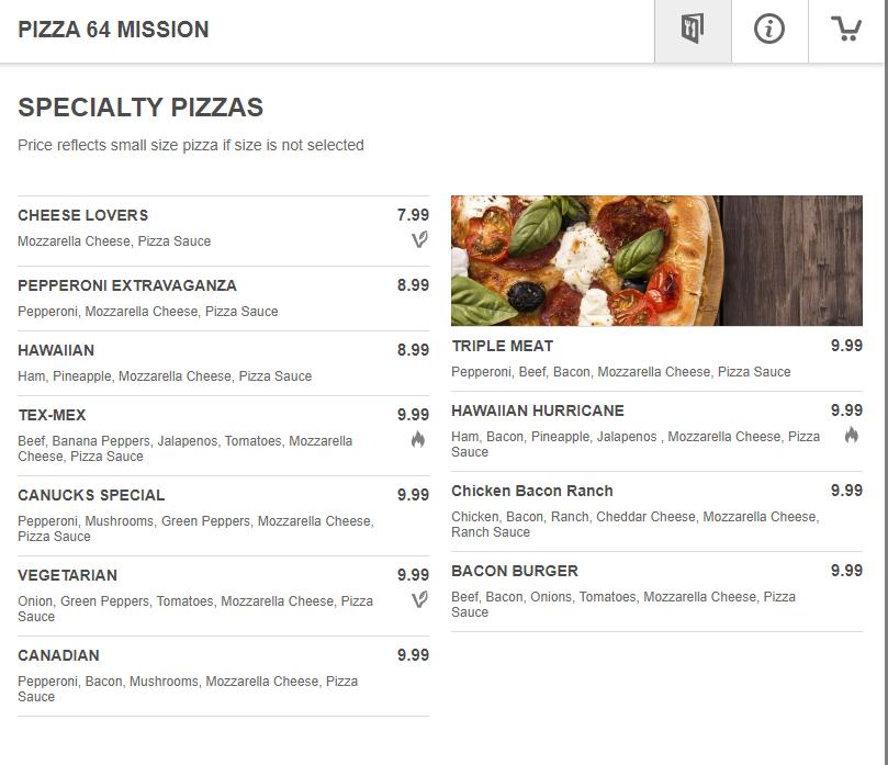 Menu at Pizza 64 pizzeria, Mission