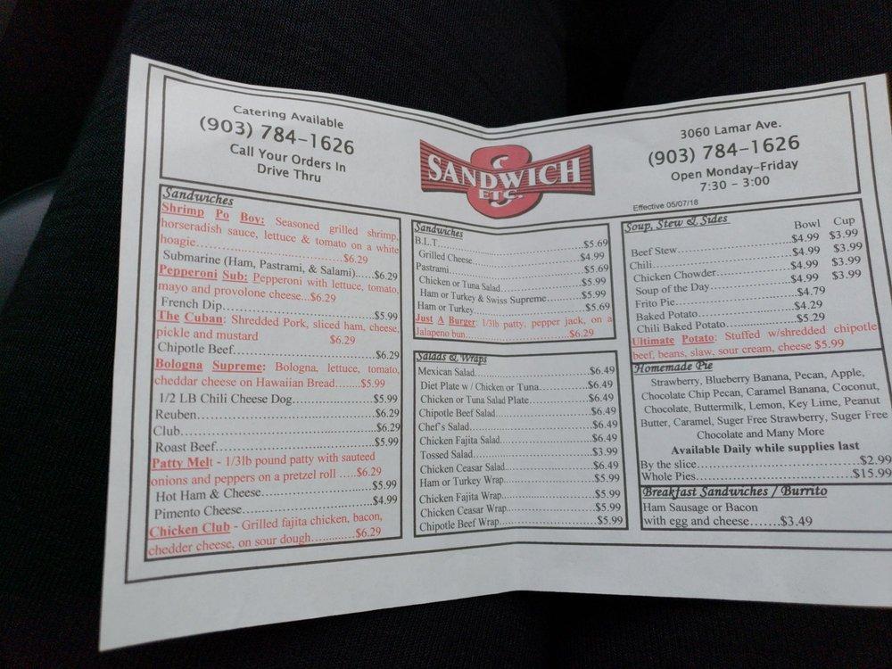 Menu at Sandwich Etc. restaurant, Paris, Lamar Ave