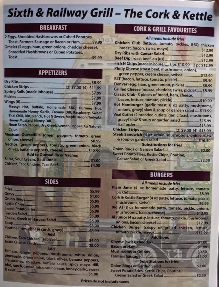 Menu at Sixth & Railway Grill restaurant, Rosthern